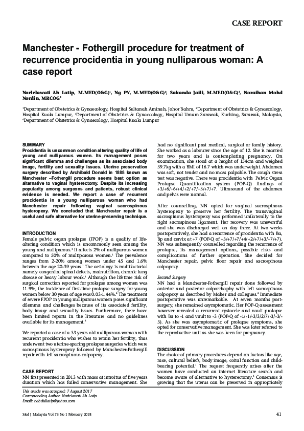 (PDF) Manchester - Fothergill procedure for treatment of recurrence ...