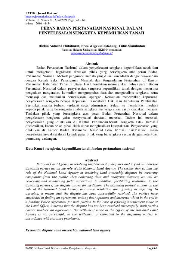 (PDF) Peran Badan Pertanahan Nasional Dalam Penyelesaian Sengketa Kepemilikan Tanah