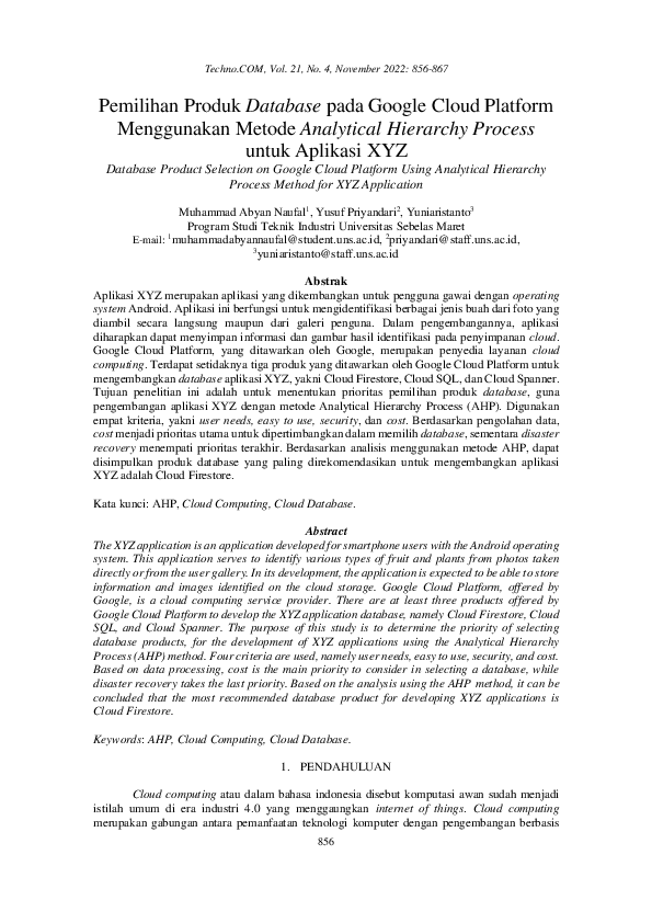 (PDF) Pemilihan Produk Database pada Google Cloud Platform Menggunakan ...