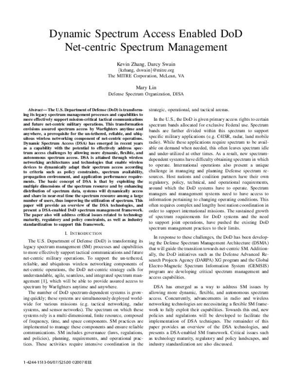 (PDF) Dynamic Spectrum Access Enabled DoD Net-centric Spectrum Management