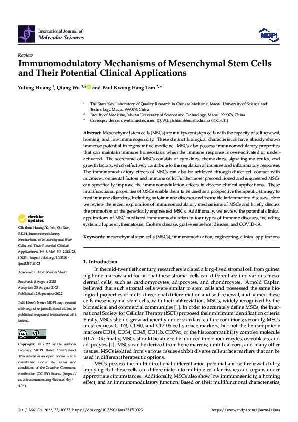 (PDF) Immunomodulatory Mechanisms of Mesenchymal Stem Cells and Their Potential Clinical ...