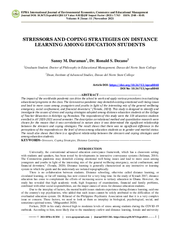 (PDF) Stressors and Coping Strategies on Distance Learning Among Education Students