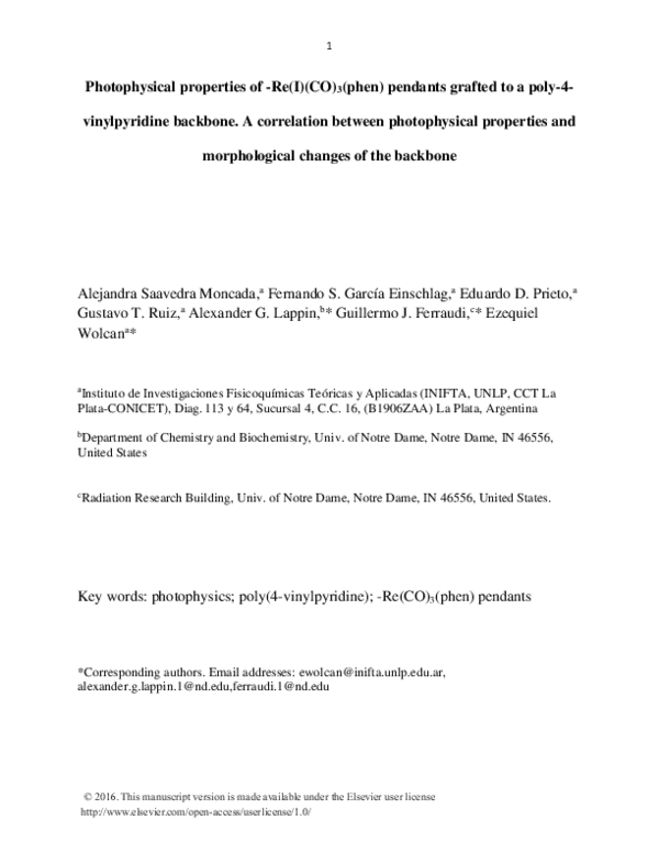(PDF) Photophysical properties of Re(I)(CO)3(phen) pendants grafted to ...
