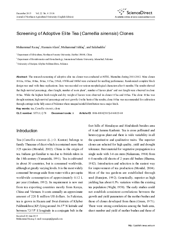 (PDF) Screening of Adoptive Elite Tea (Camellia sinensis) Clones