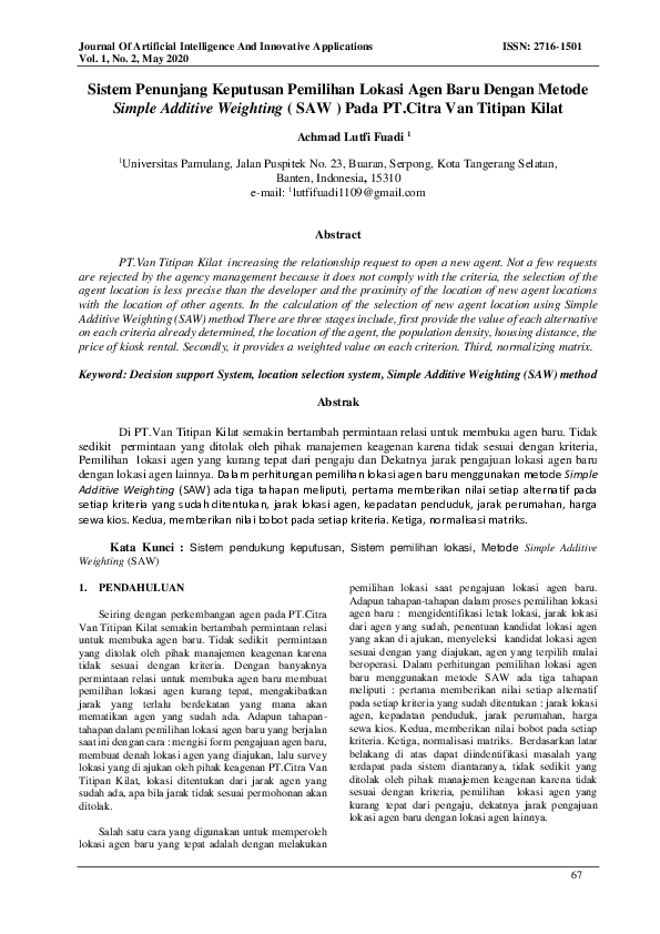 (PDF) Sistem Penunjang Keputusan Pemilihan Lokasi Agen Baru Dengan Metode Simple Additive ...