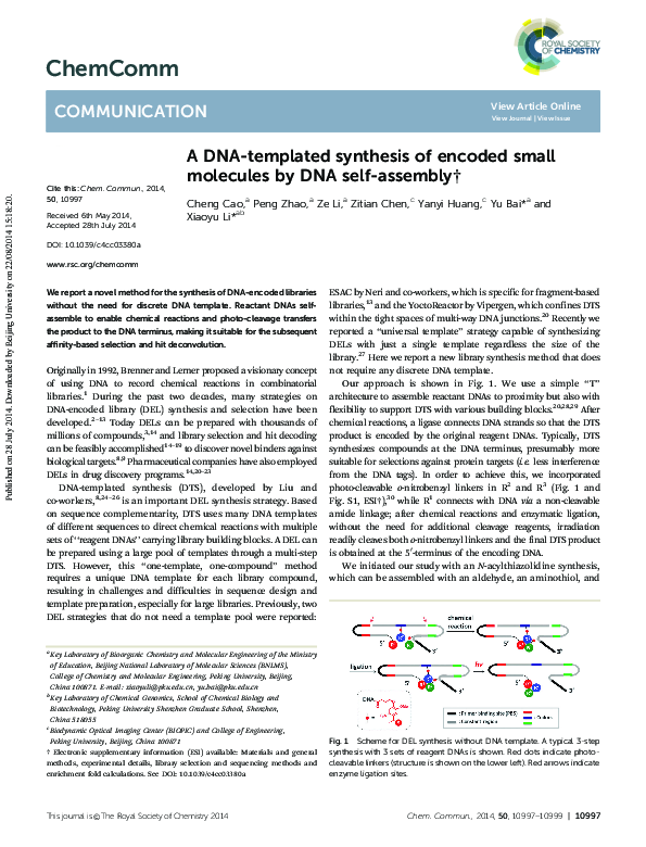 (PDF) A DNA-templated synthesis of encoded small molecules by DNA self-assembly