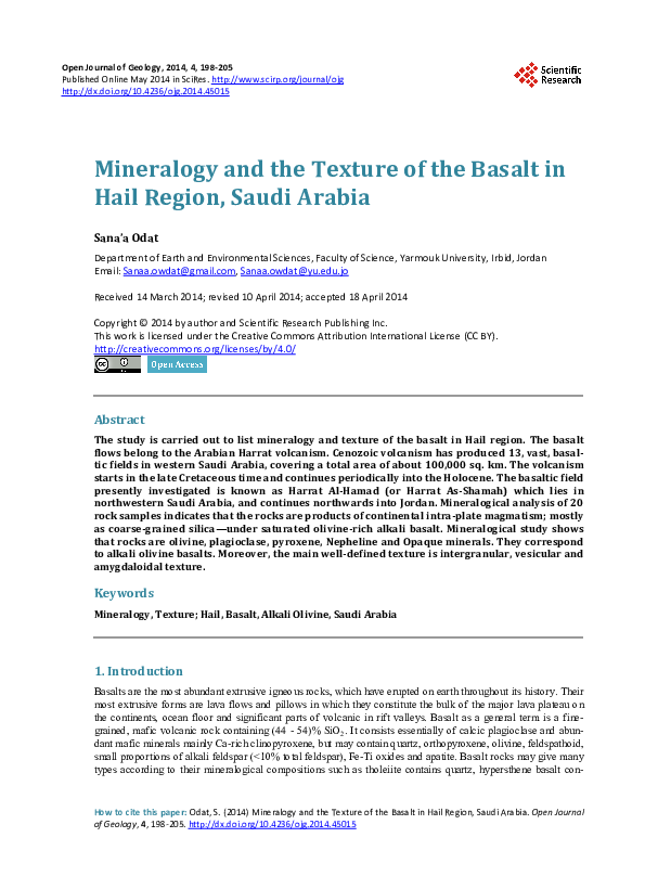(PDF) Mineralogy and the Texture of the Basalt in Hail Region, Saudi Arabia