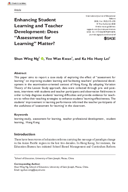 (PDF) Enhancing Student Learning and Teacher Development: Does “Assessment for Learning” Matter?