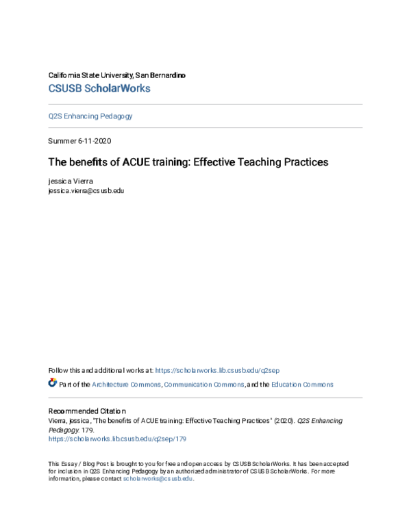 (PDF) The benefits of ACUE training: Effective Teaching Practices