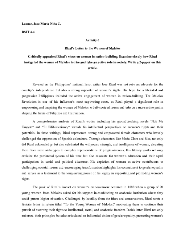 (PDF) Rizal's Letter to the Women of Malolos