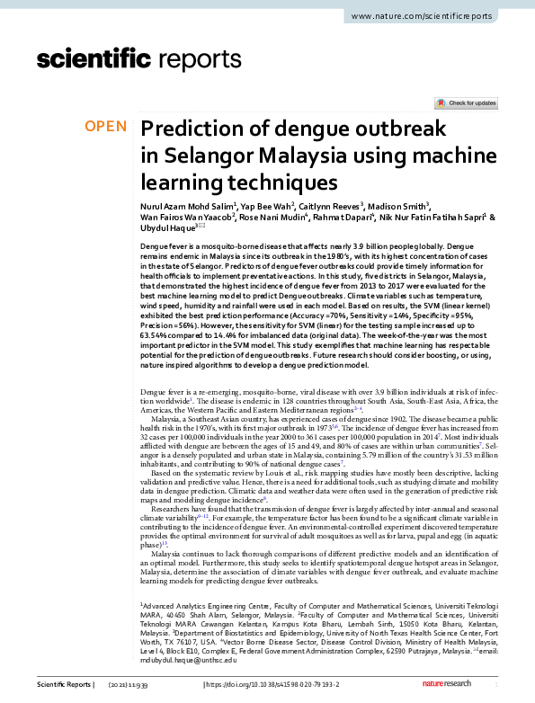 (PDF) Prediction of dengue outbreak in Selangor Malaysia using machine learning techniques