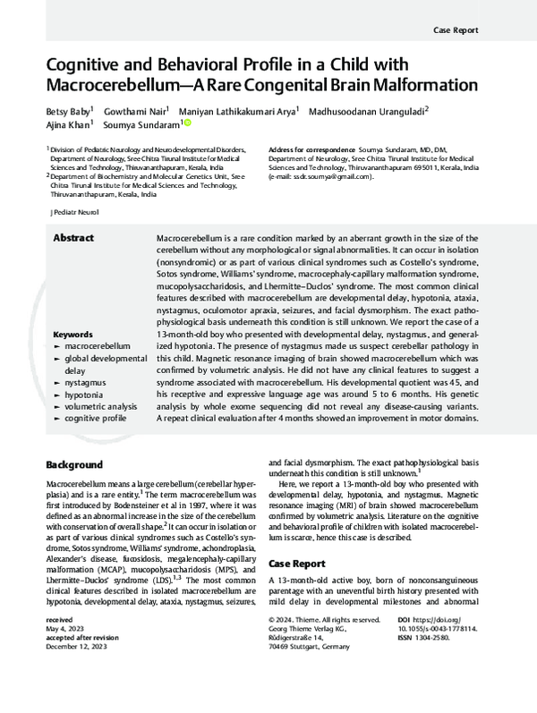 (PDF) Cognitive and Behavioral Profile in a Child with Macrocerebellum ...