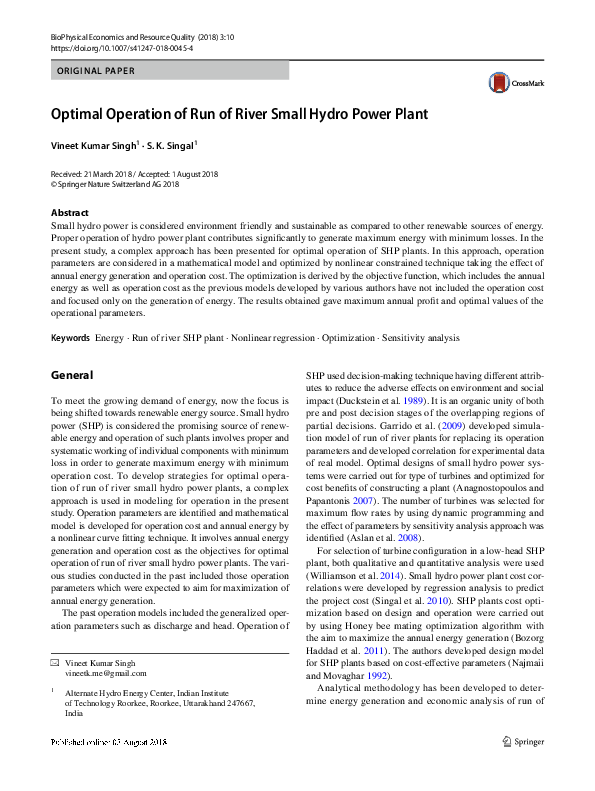 (PDF) Optimal Operation of a Run-of-River Small Hydropower Plant with ...