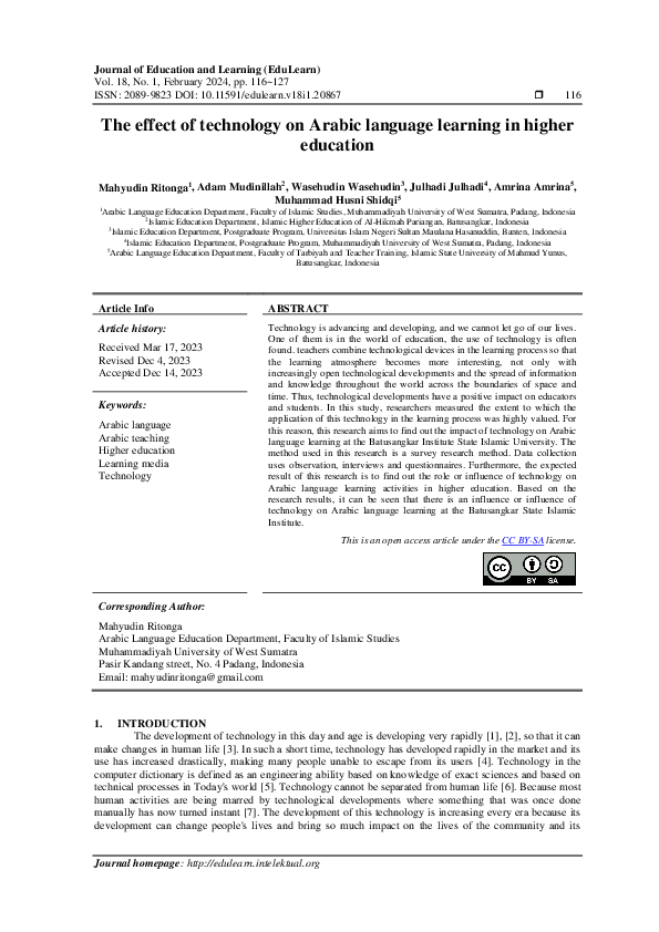 (PDF) The effect of technology on Arabic language learning in higher ...