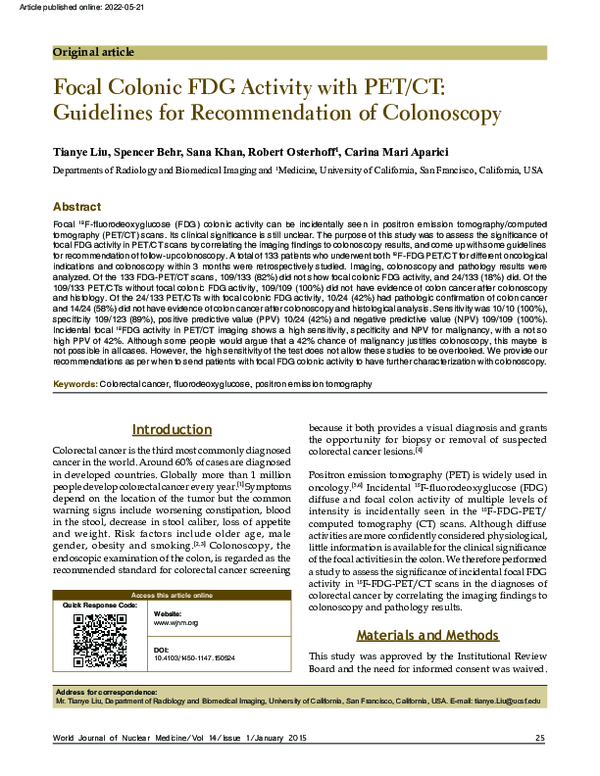 (PDF) Focal Colonic FDG Activity with PET/CT: Guidelines for ...