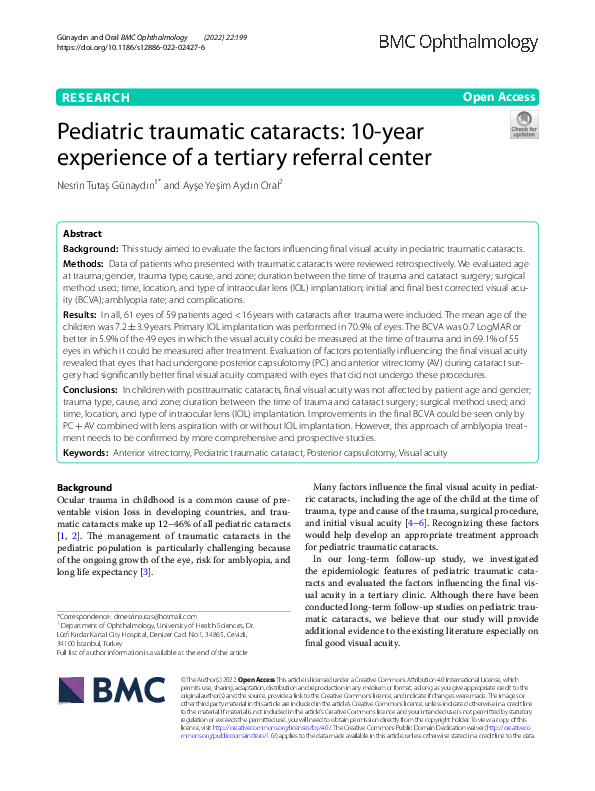 (PDF) Pediatric traumatic cataracts: 10-year experience of a tertiary ...