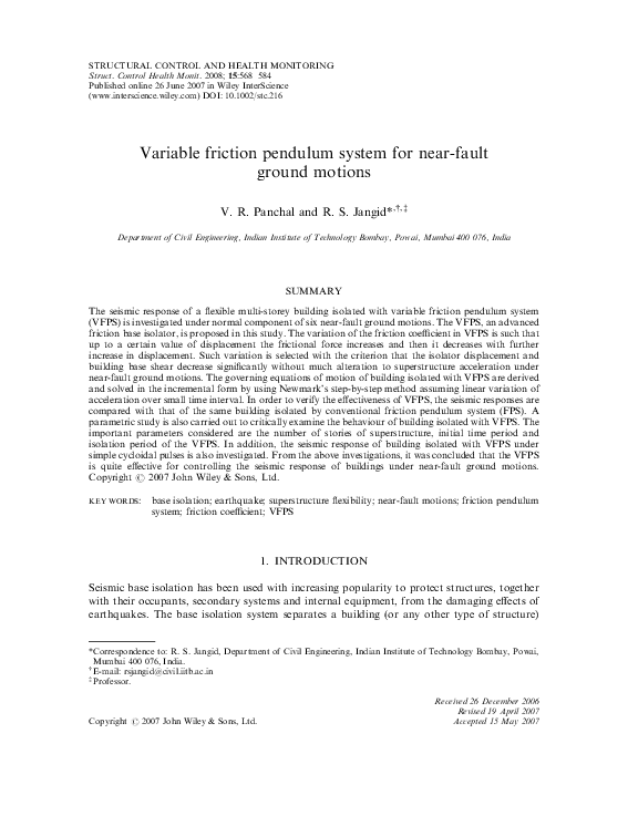 (PDF) Variable friction pendulum system for near-fault ground motions | Dr. R. S. Jangid ...