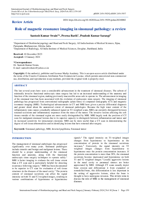 (PDF) Role of magnetic resonance imaging in sinonasal pathology: a review