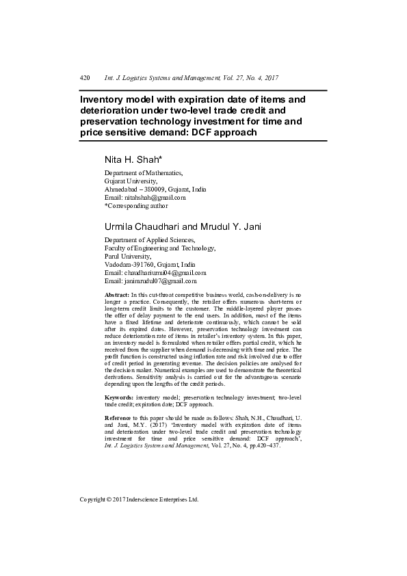 Pdf Inventory Model With Expiration Date Of Items And Deterioration Under Two Level Trade