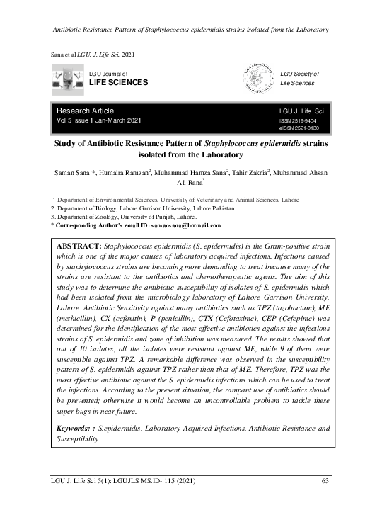 (PDF) Study of Antibiotic Resistance Pattern of Staphylococcus epidermidis strains isolated from ...