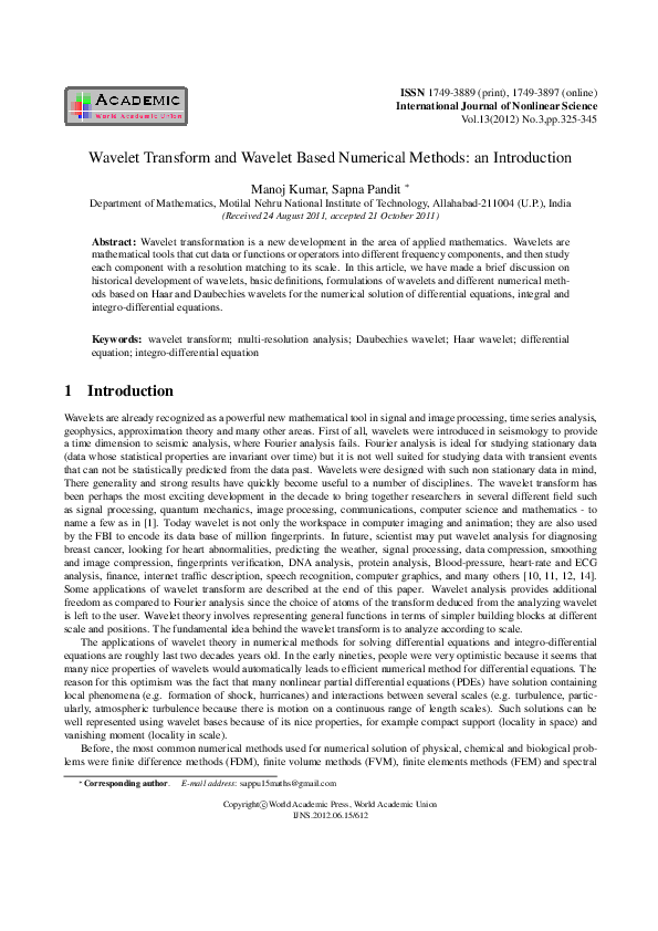 (PDF) Wavelet transform and wavelet based numerical methods: an introduction