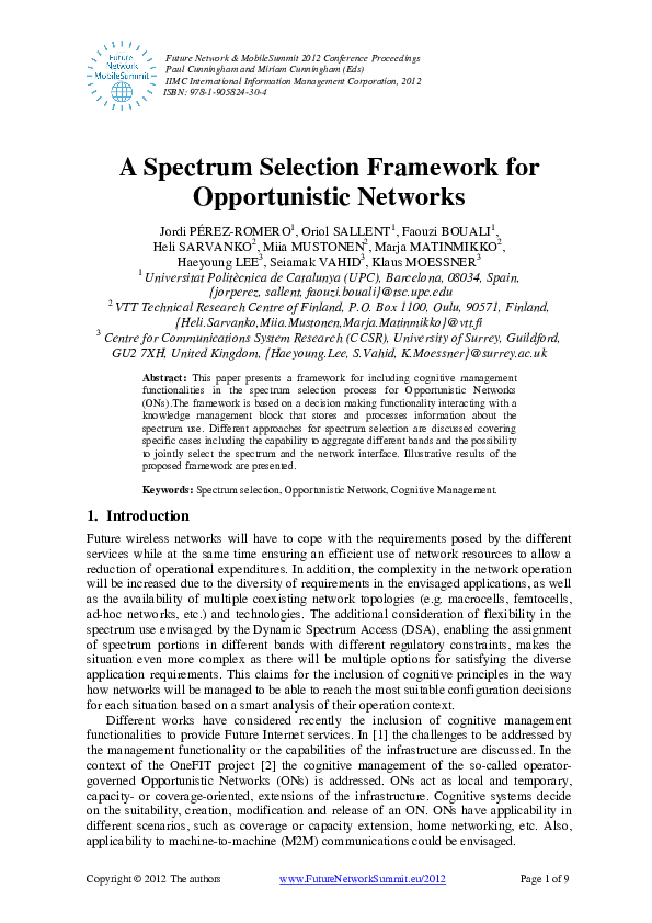 (PDF) A Spectrum selection framework for opportunistic networks | Jordi ...