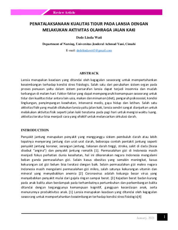 (PDF) PENATALAKSANAAN KUALITAS TIDUR PADA LANSIA DENGAN MELAKUKAN AKTIVITAS OLAHRAGA JALAN KAKI