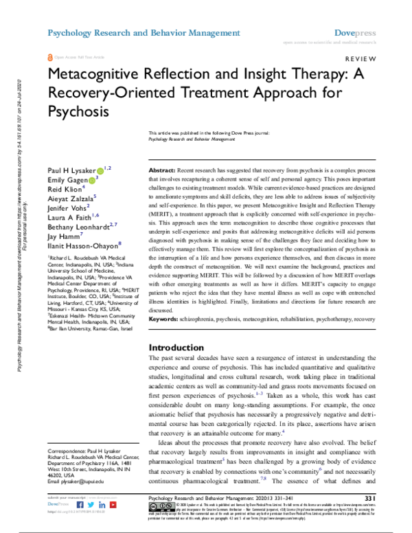 (PDF) Metacognitive Reflection and Insight Therapy: A Recovery-Oriented ...