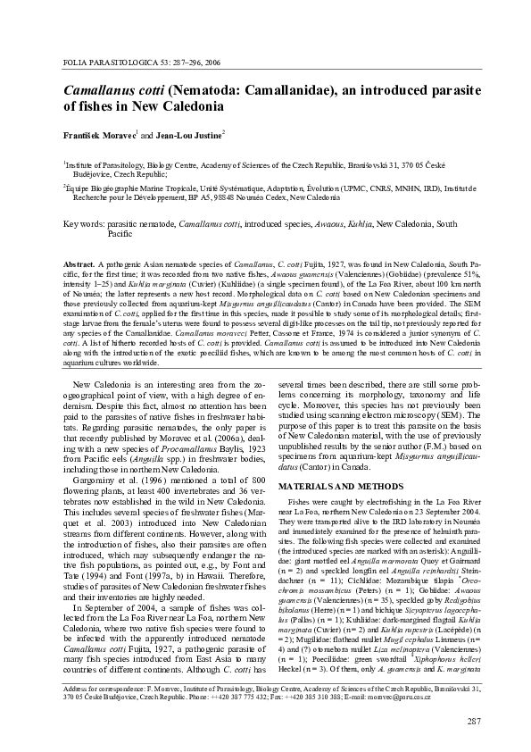 (PDF) Camallanus cotti (Nematoda: Camalanidae), an introduced parasite ...