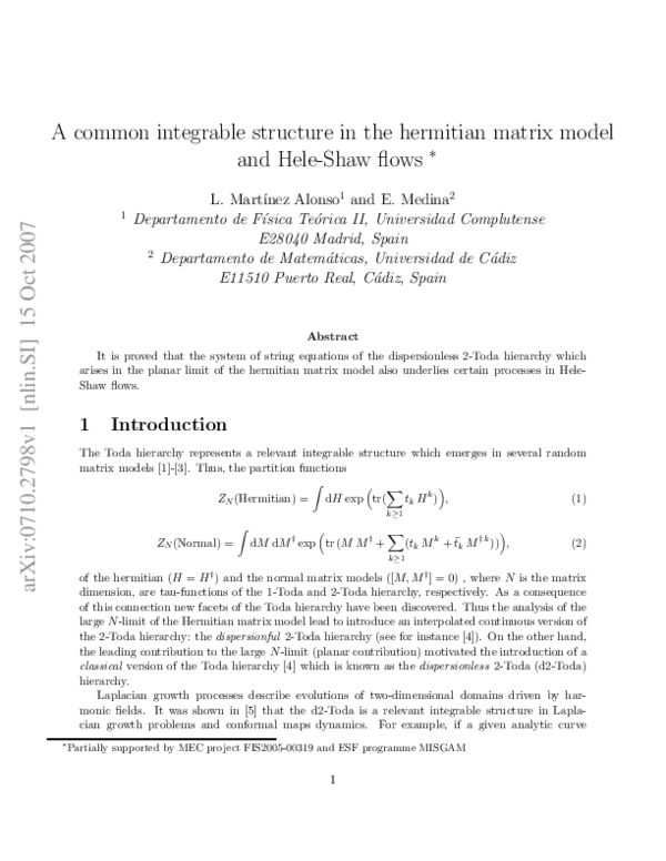 (PDF) A Common Integrable Structure in the Hermitian Matrix Model and Hele-Shaw Flows
