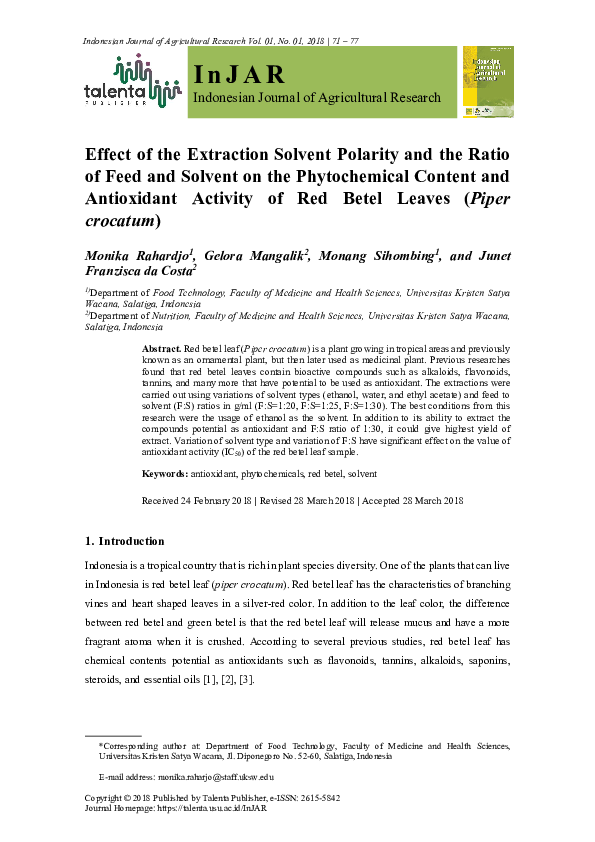 (PDF) Effect of the Extraction Solvent Polarity and the Ratio of Feed and Solvent on the ...