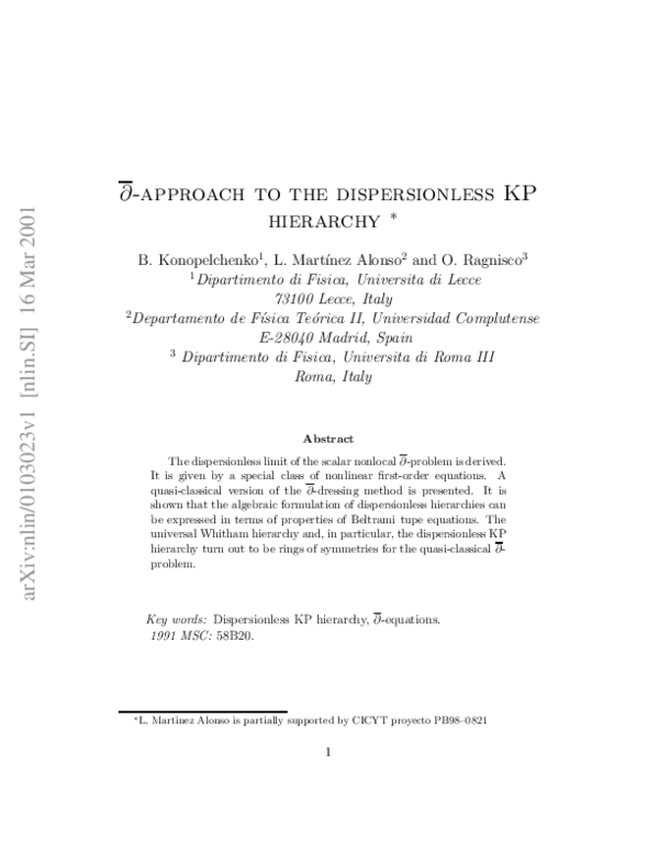 (PDF) The $\bar{\partial}$-approach to the dispersionless KP hierarchy | LUIS MARTINEZ ALONSO ...