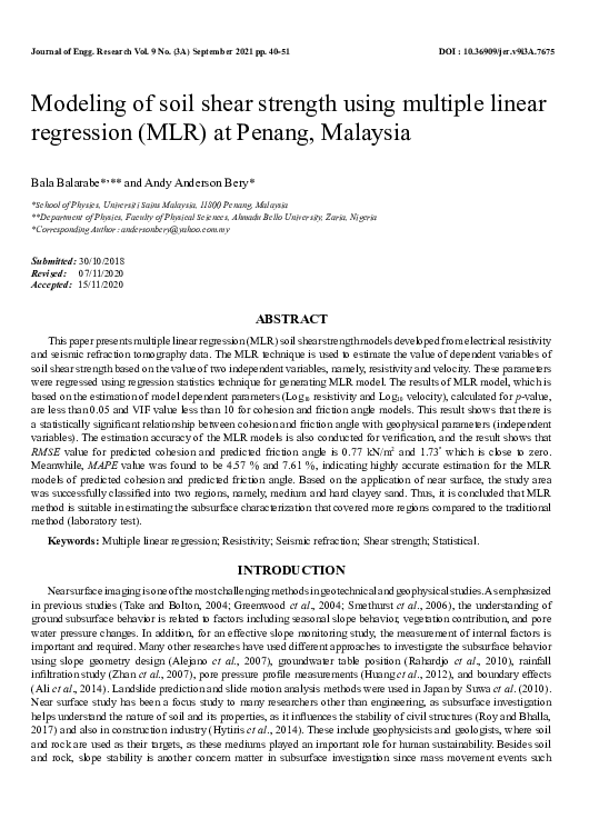 (PDF) Modeling of soil shear strength using multiple linear regression (MLR) at Penang, Malaysia