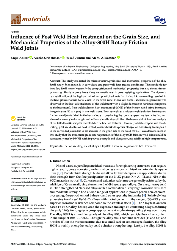 (PDF) Influence of Post Weld Heat Treatment on the Grain Size, and Mechanical Properties of the ...