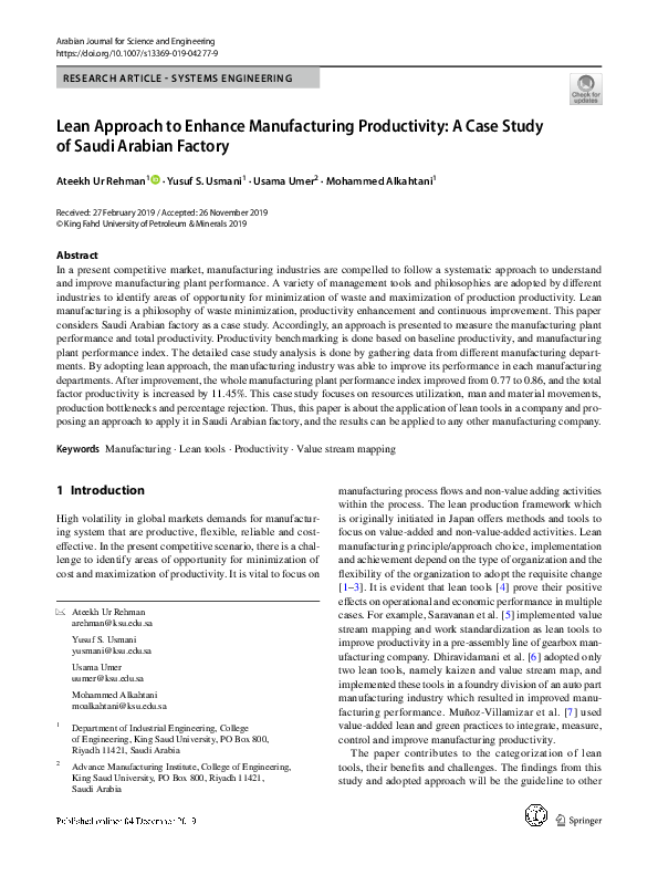 (PDF) Lean Approach to Enhance Manufacturing Productivity: A Case Study ...