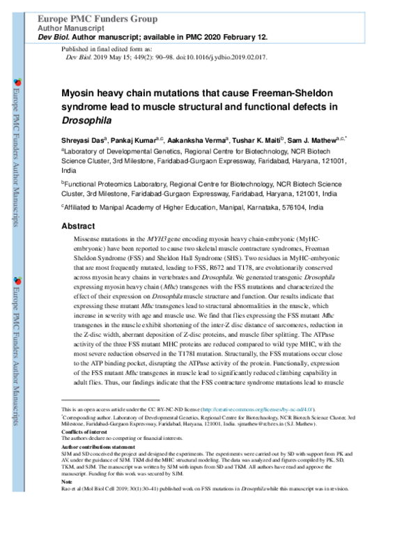(PDF) Myosin heavy chain mutations that cause Freeman-Sheldon syndrome ...