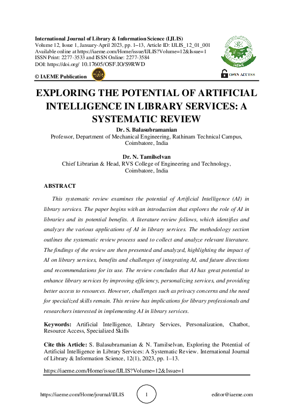 (PDF) EXPLORING THE POTENTIAL OF ARTIFICIAL INTELLIGENCE IN LIBRARY ...