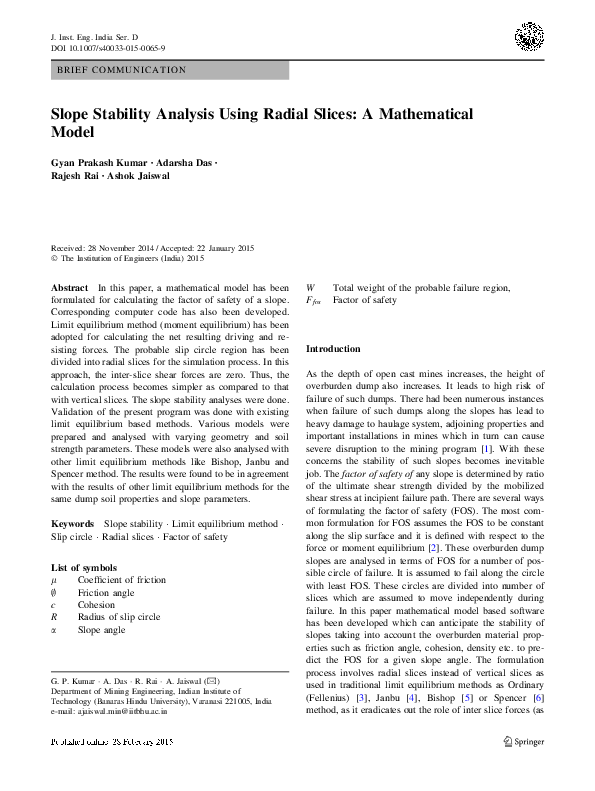(PDF) Slope Stability Analysis Using Radial Slices: A Mathematical Model