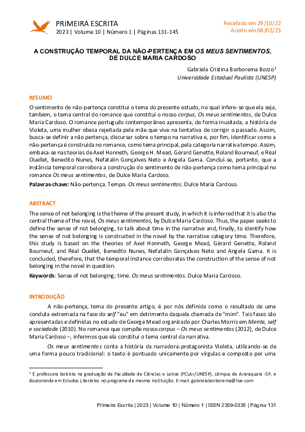 (PDF) A CONSTRUÇÃO TEMPORAL DA NÃO-PERTENÇA EM OS MEUS SENTIMENTOS, DE ...