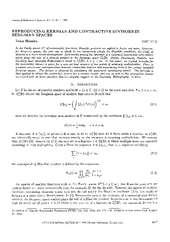 Pdf Reproducing Kernels And Contractive Divisors In Bergman Spaces Jonas Hansbo