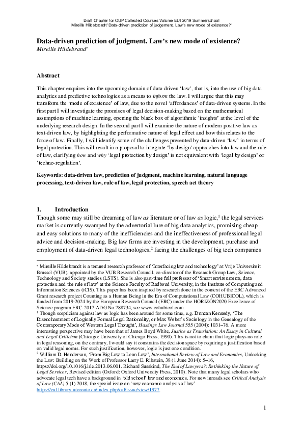 (PDF) Data-Driven Prediction of Judgment. Law’s New Mode of Existence?