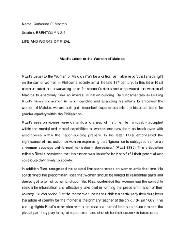 (PDF) Rizal's Letter to the Women of Malolos Rizal's Letter to the ...