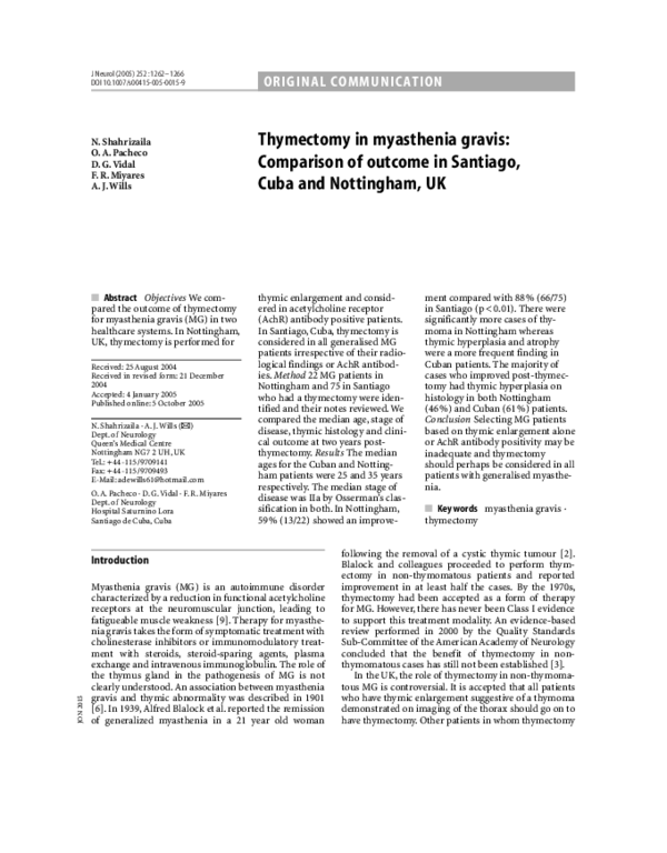 (PDF) Thymectomy in myasthenia gravis: Comparison of outcome in Santiago, Cuba and Nottingham ...