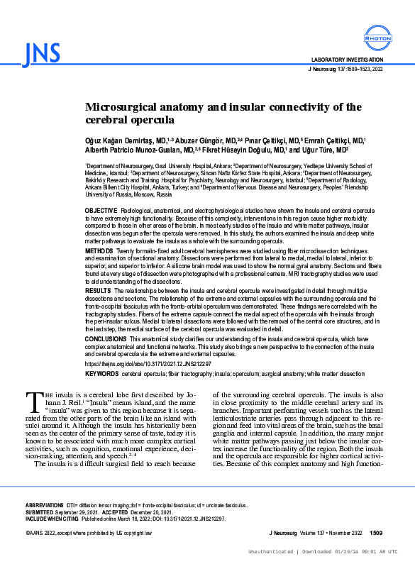 Microsurgical anatomy and insular connectivity of the cerebral opercula