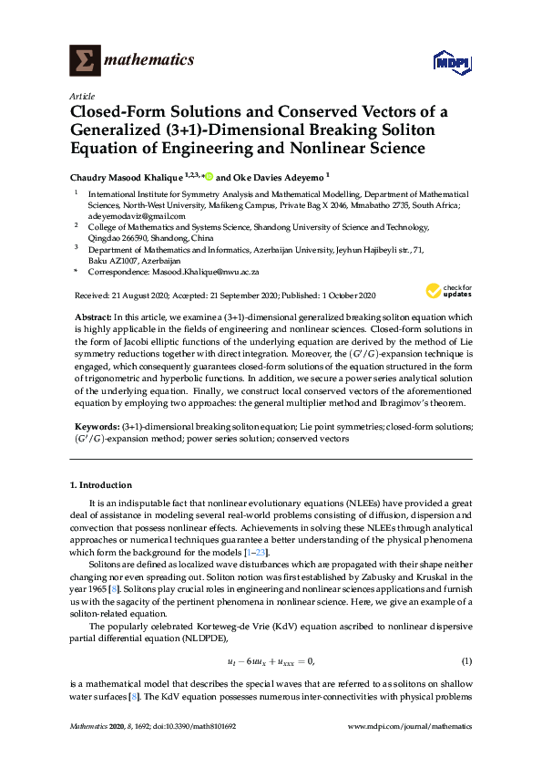 (PDF) Closed-Form Solutions and Conserved Vectors of a Generalized (3+1)-Dimensional Breaking ...