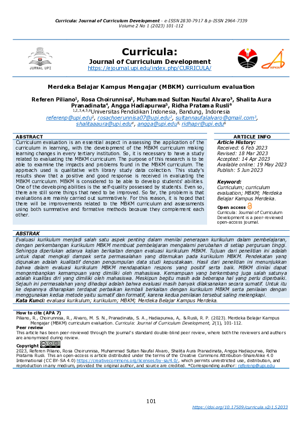 (PDF) Merdeka Belajar Kampus Mengajar (MBKM) curriculum evaluation