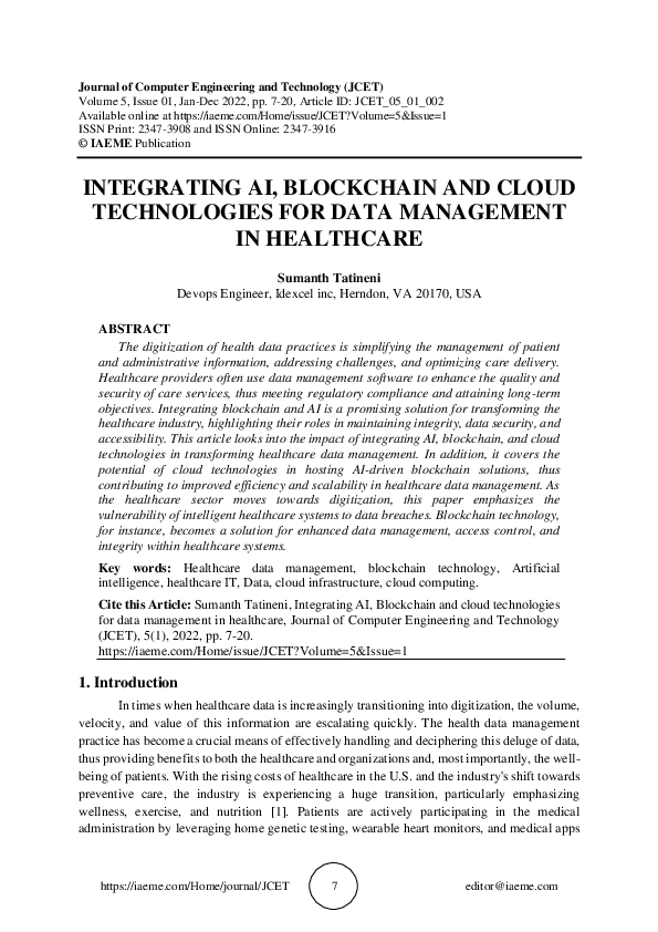 (PDF) INTEGRATING AI, BLOCKCHAIN AND CLOUD TECHNOLOGIES FOR DATA MANAGEMENT IN HEALTHCARE