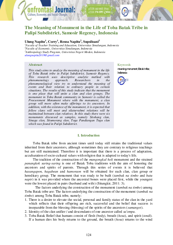 (PDF) The Meaning of Monument in the Life of Toba Batak Tribe in Palipi ...