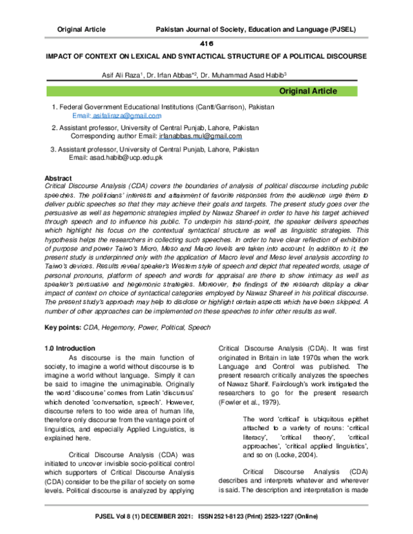 (PDF) IMPACT OF CONTEXT ON LEXICAL AND SYNTACTICAL STRUCTURE OF A ...