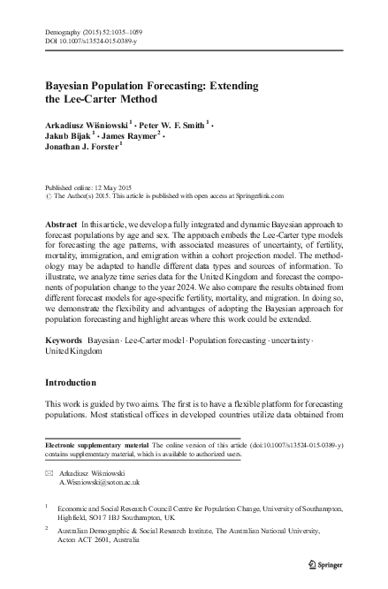 (PDF) Bayesian Population Forecasting: Extending the Lee-Carter Method